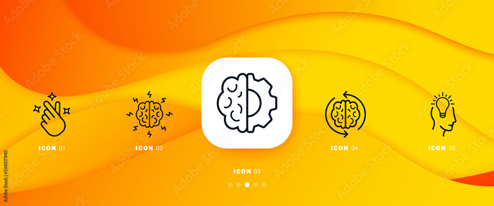 Brain set icon. Hand, lamp, head, rethinking, idea, realization ...