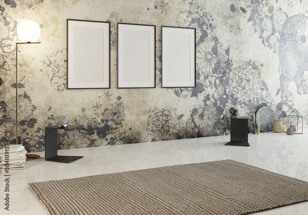 3d Illustration. Empty room in side view with marble Empty room in side ...