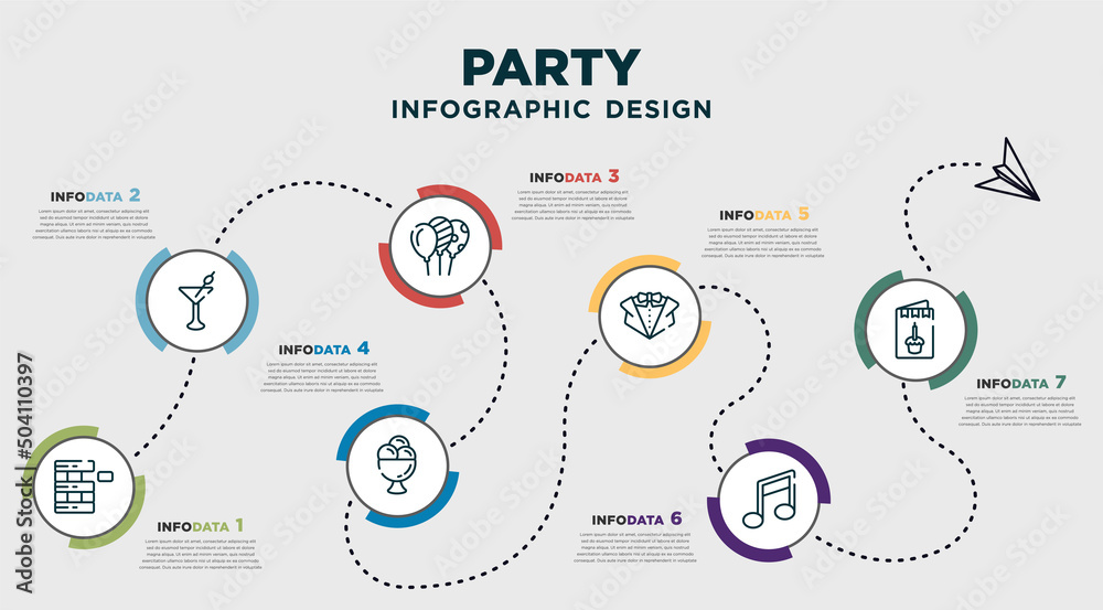 infographic template design with party icons. timeline concept with 7 ...