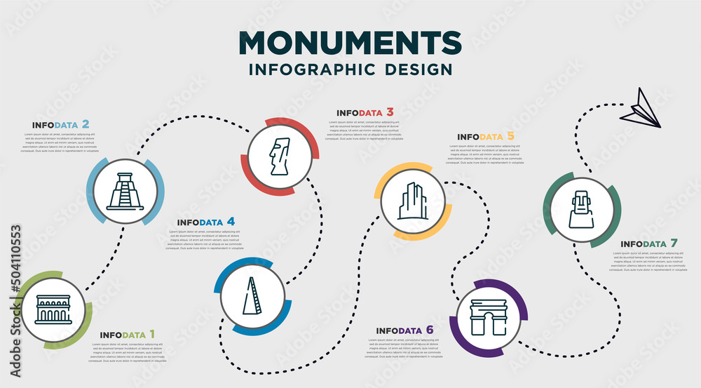 infographic template design with monuments icons. timeline concept with 7 options or steps ...