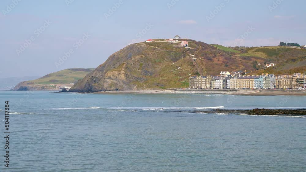 Aberystwyth, Ceredigion, Wales. View of North Beach, the promenade and ...
