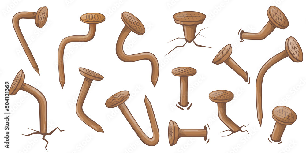 Cartoon bent rusty nails. Set of Isolated old steel metal nails ...