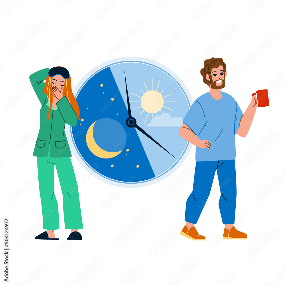 Circadian Rhythm Of Young Man And Woman Vector. Sleepy Girl Yawning And ...