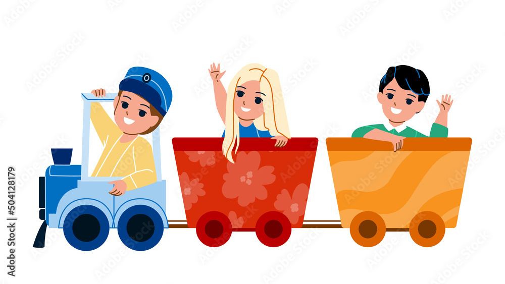 Kid Train Riding Children In Amusement Park Vector. Boy And Girl Ride ...