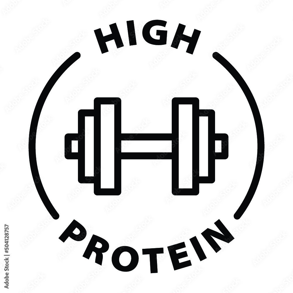 High protein black outline badge icon barbell label isolated vector on ...