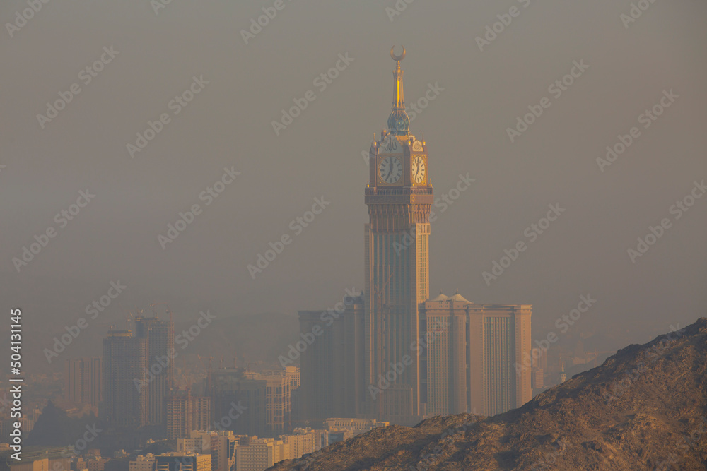 Night view of Makkah city and skyline with Abraj Al Bait (ZamZam Clock ...