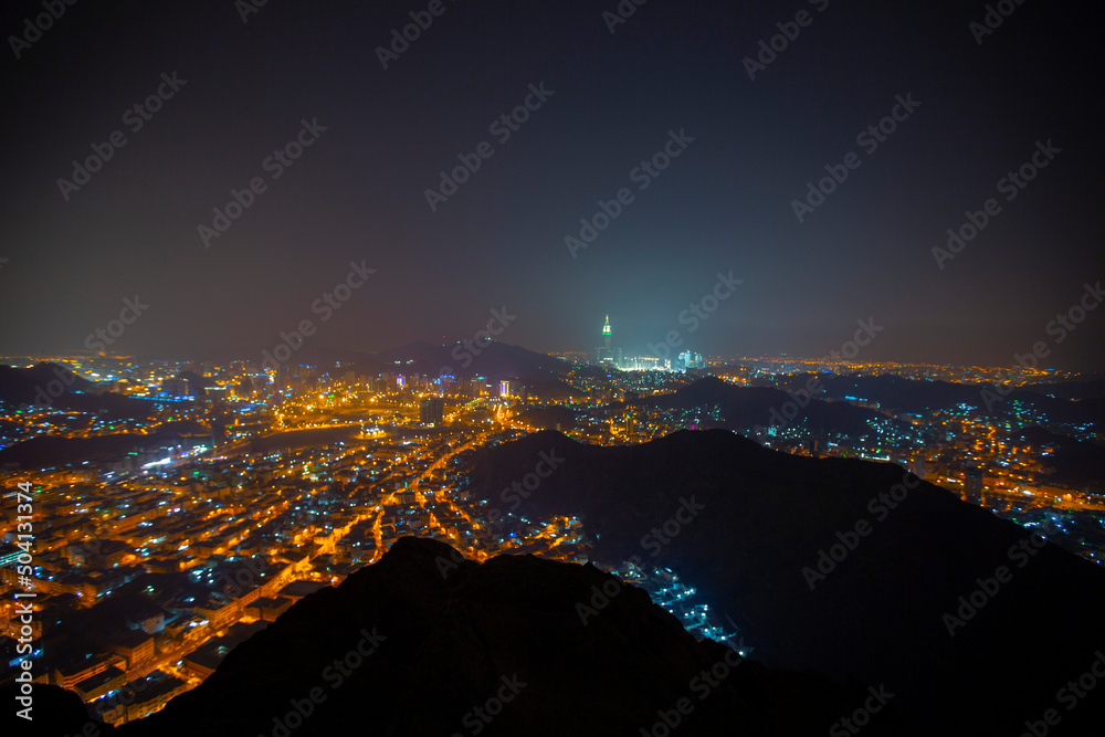 Night view of Makkah city and skyline with Abraj Al Bait (ZamZam Clock ...