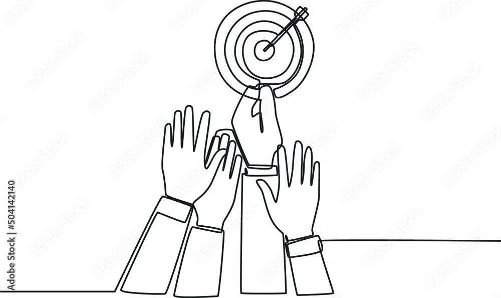 Continuous one line drawing. employees' hands compete to achieve the ...