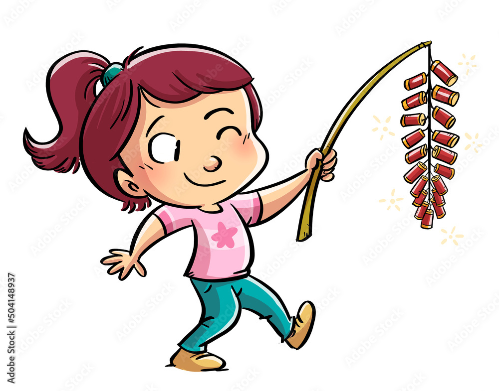 illustration of little girl with firecrackers Stock Illustration ...