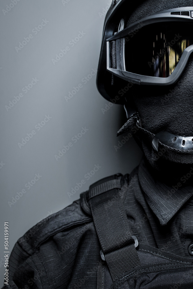 Special Forces in black uniform, mask and body armor. Special Forces ...