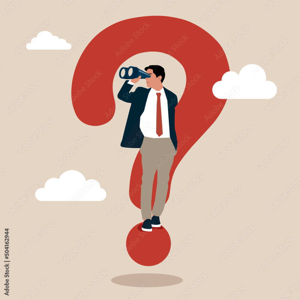 Businessman with huge question mark look through binoculars to search ...