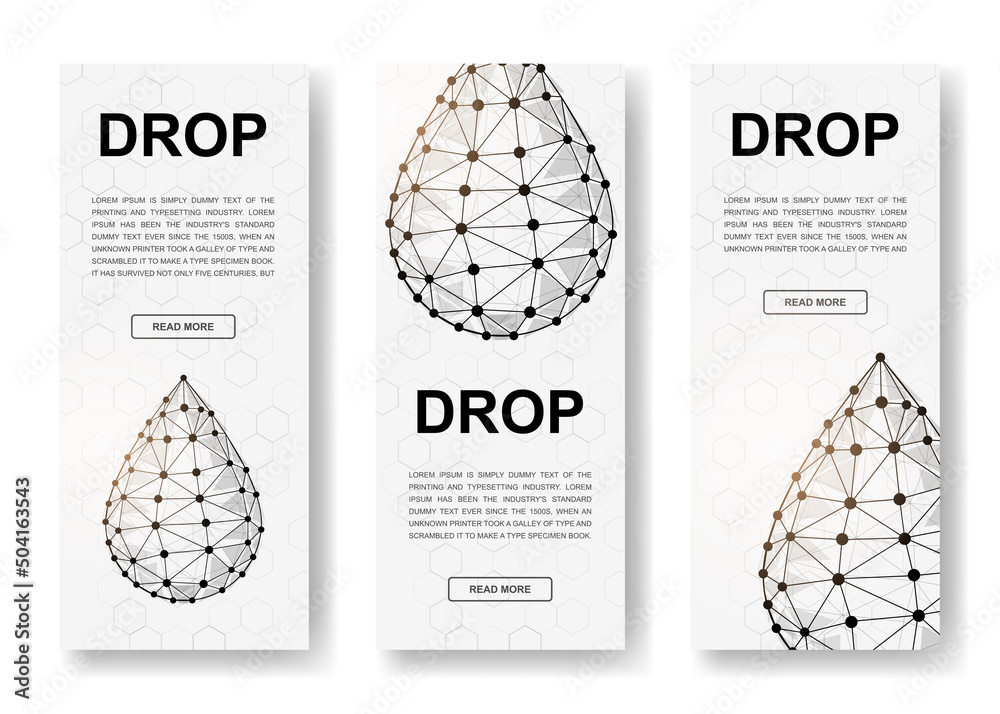 Set of three Water drops polygonal vertical banners. 3d Oil drop low ...