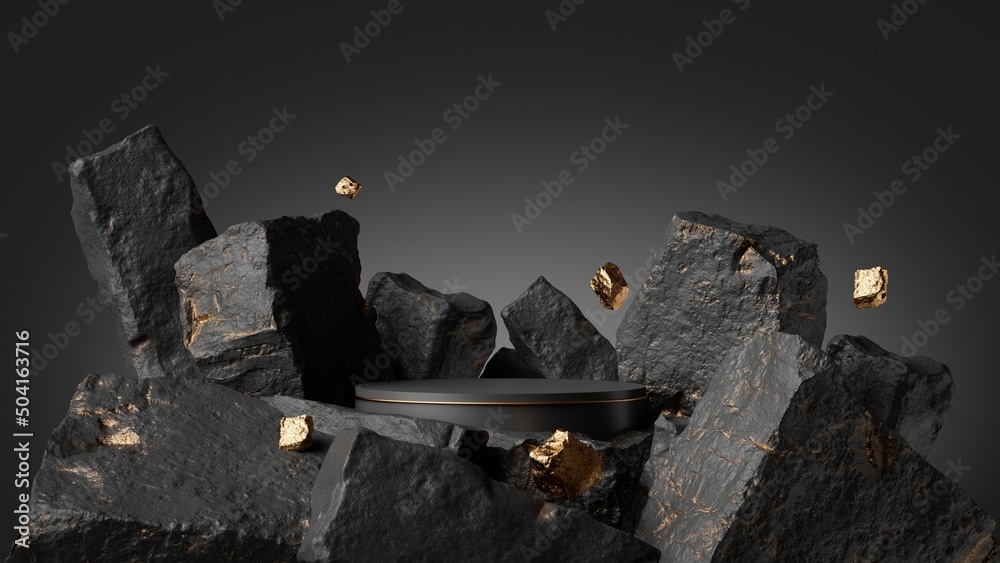 3d render, abstract background with black cobblestone ruins, broken ...