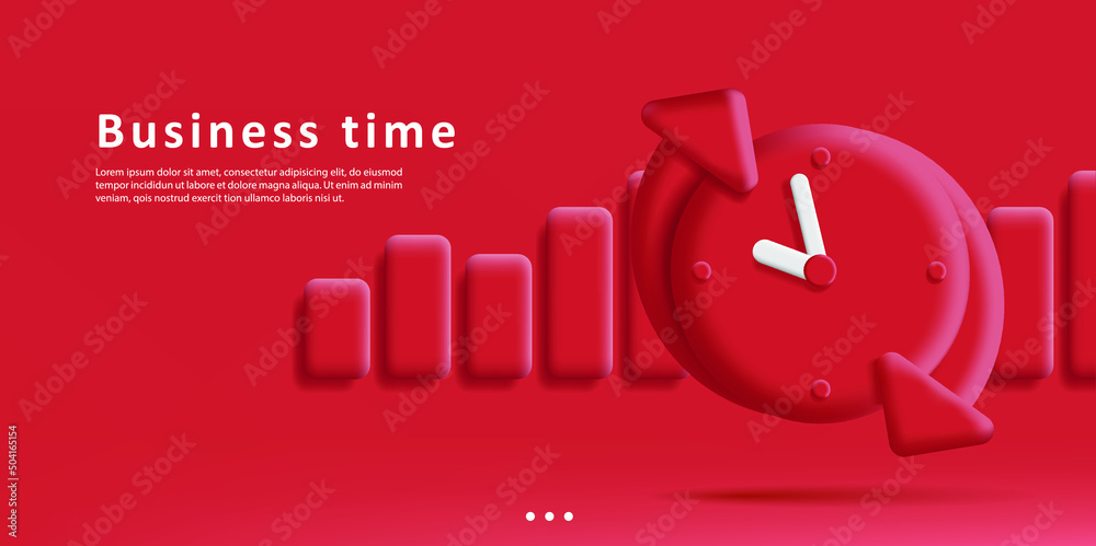 Red web banner with mono chrome bar chart and 3d clock with arrows icon ...