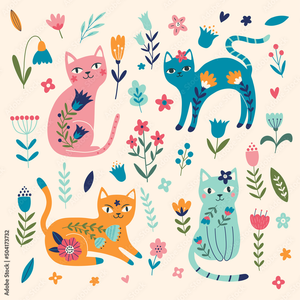 Big set of hand-drawn cats and flowers. Cute Flower Cats in cartoon ...
