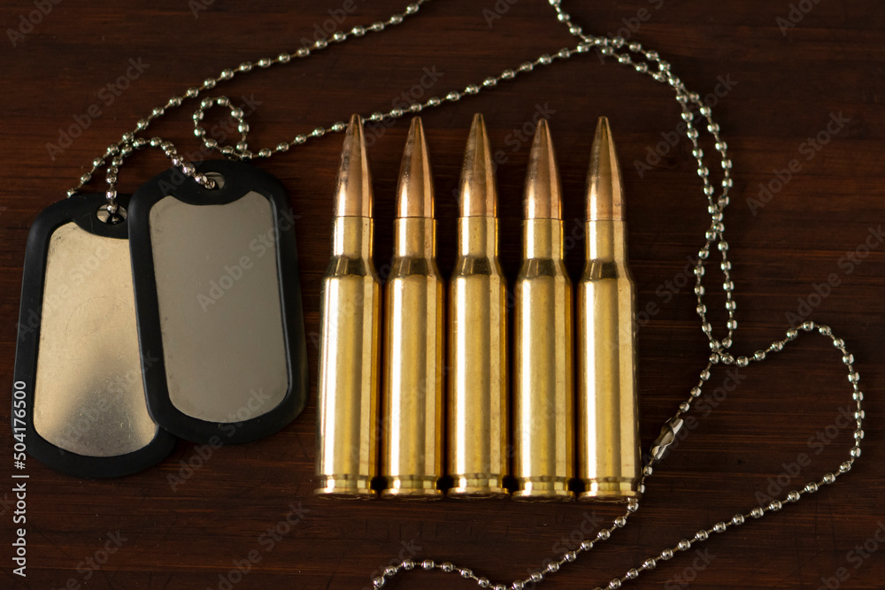 Live military cartridges and army identification marks on a textured ...