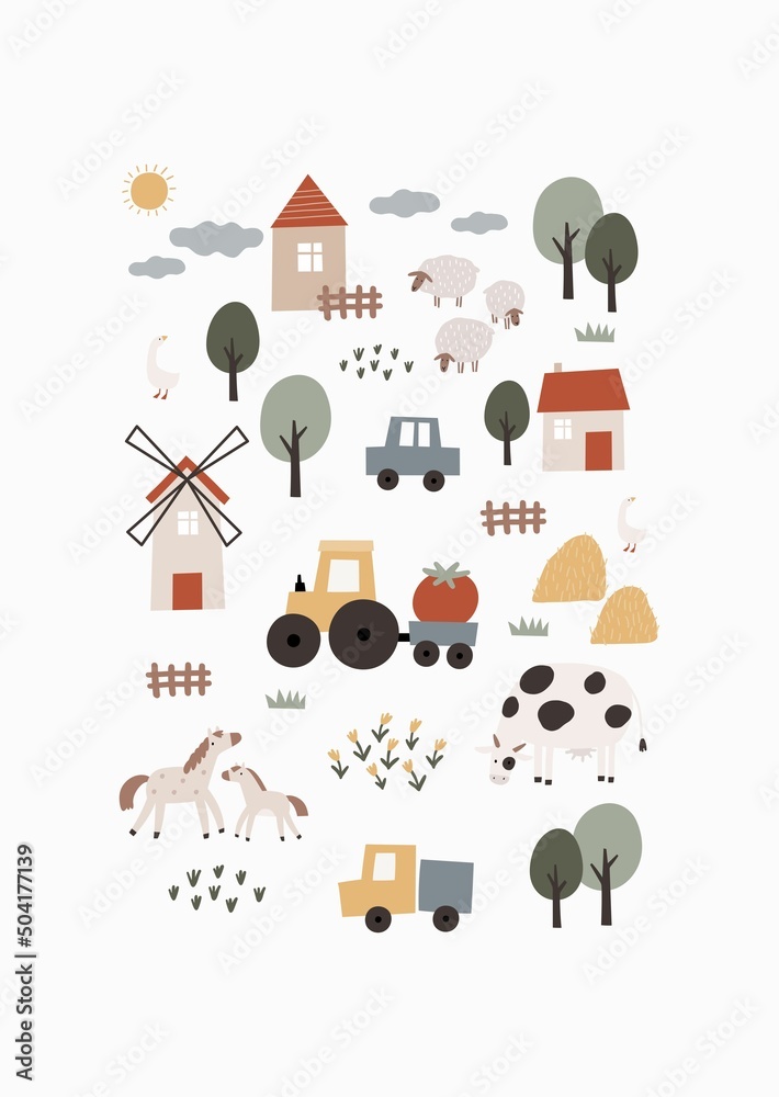 Cute Farm colorful poster. Hand drawn vector boho animals, three, house ...