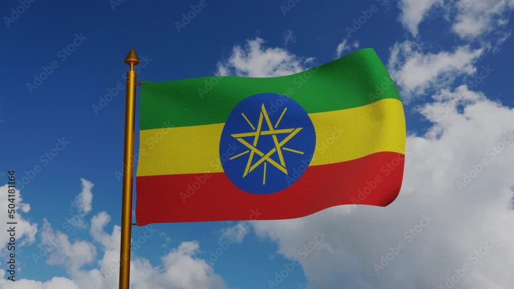 National flag of Ethiopia waving 3D Render with flagpole and blue sky ...