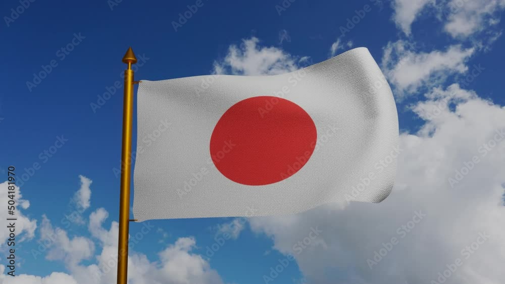 National flag of Japan waving 3D Render with flagpole and blue sky ...
