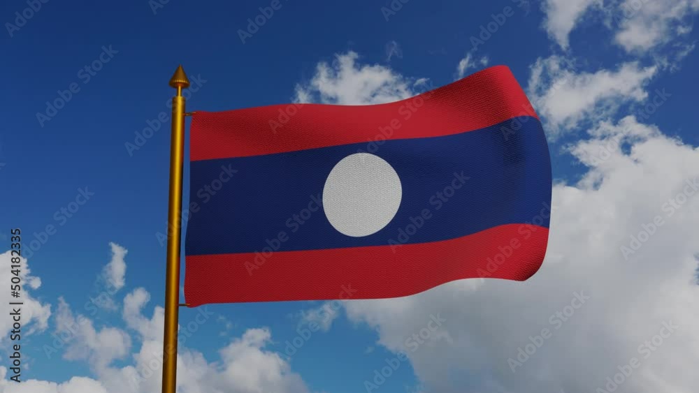 National flag of Laos waving 3D Render with flagpole and blue sky ...