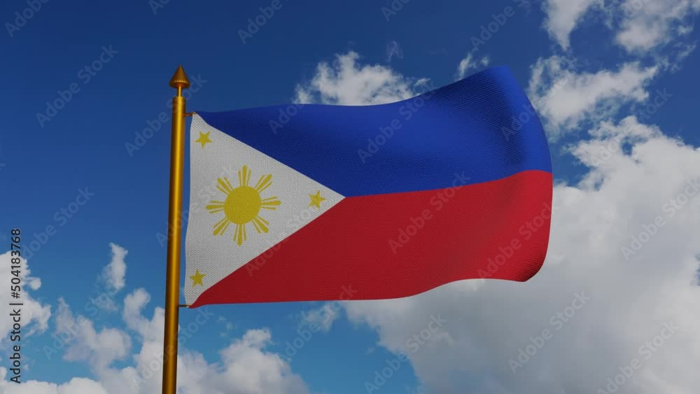 National flag of Philippines waving 3D Render with flagpole and blue ...