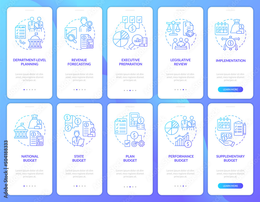 Government budgeting blue gradient onboarding mobile app screen set ...