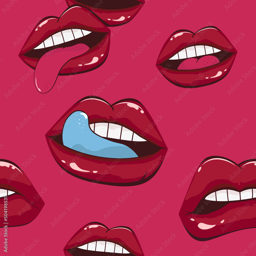Comic female lips pattern in pop art retro style. Mouth with kiss ...