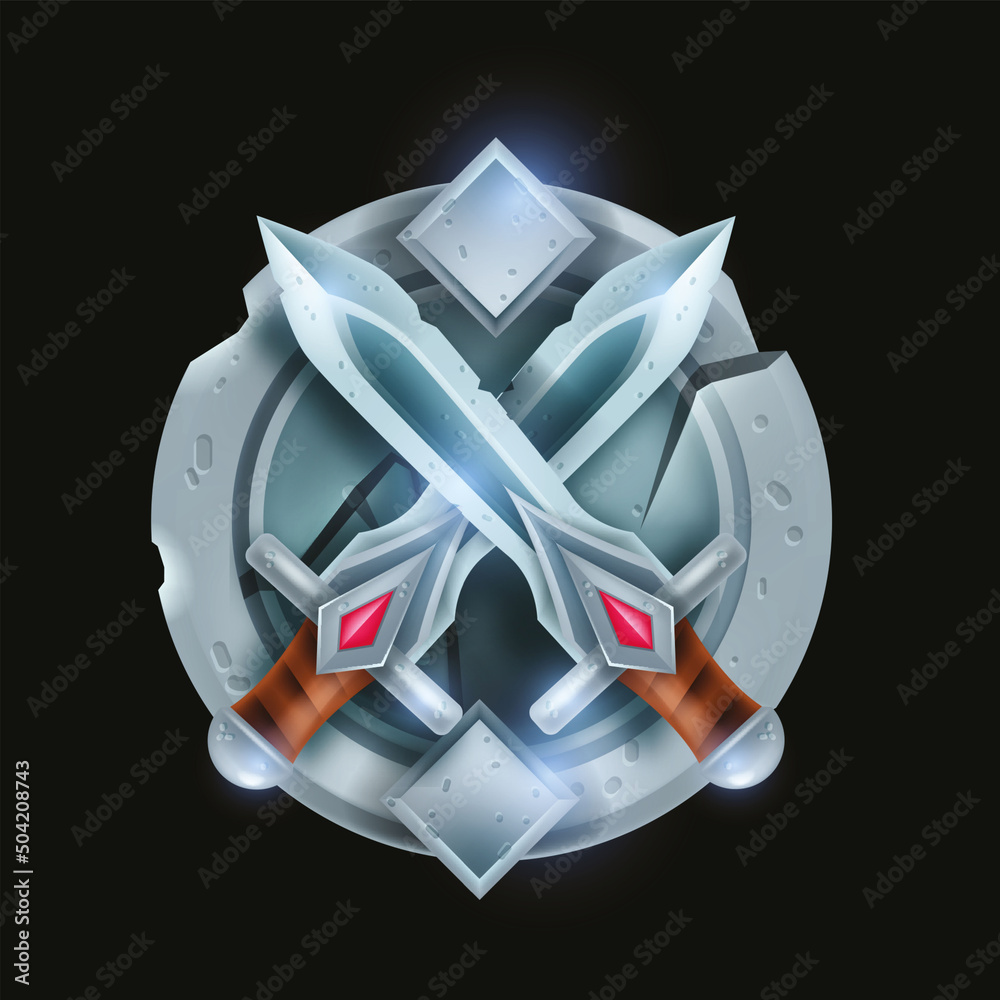 Game shield UI icon, warrior coat of arms on black, vector crossed iron ...