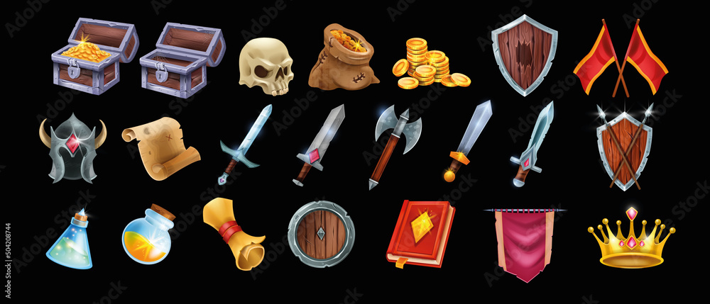 Fantasy game vector icon set, wooden warrior shield, medieval UI game ...