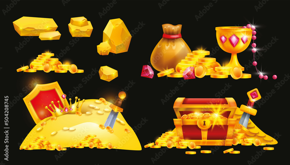 Gold treasure set, vector cartoon pirate full money chest, golden coin ...