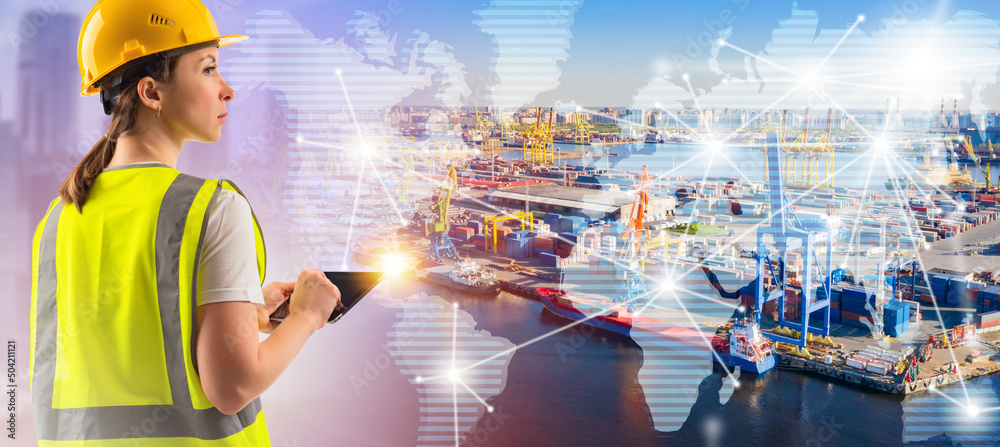 International supply chains. Woman logistician in sea port. World map ...