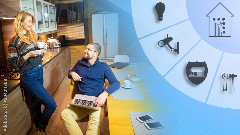 Happy family in smart home. Man and woman use smart home technology ...