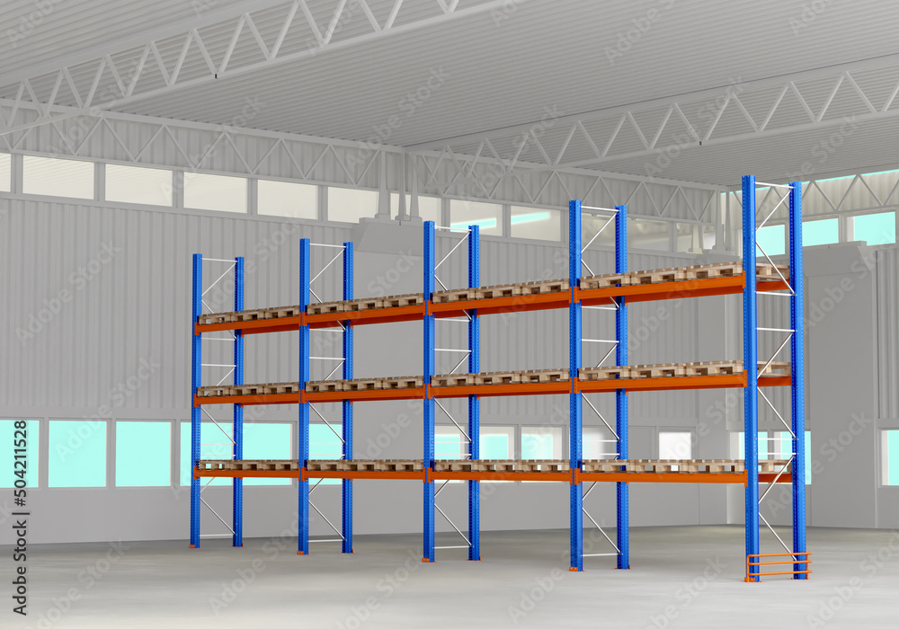 Empty warehouse furniture. Multi-tiered metal racks with pallets ...