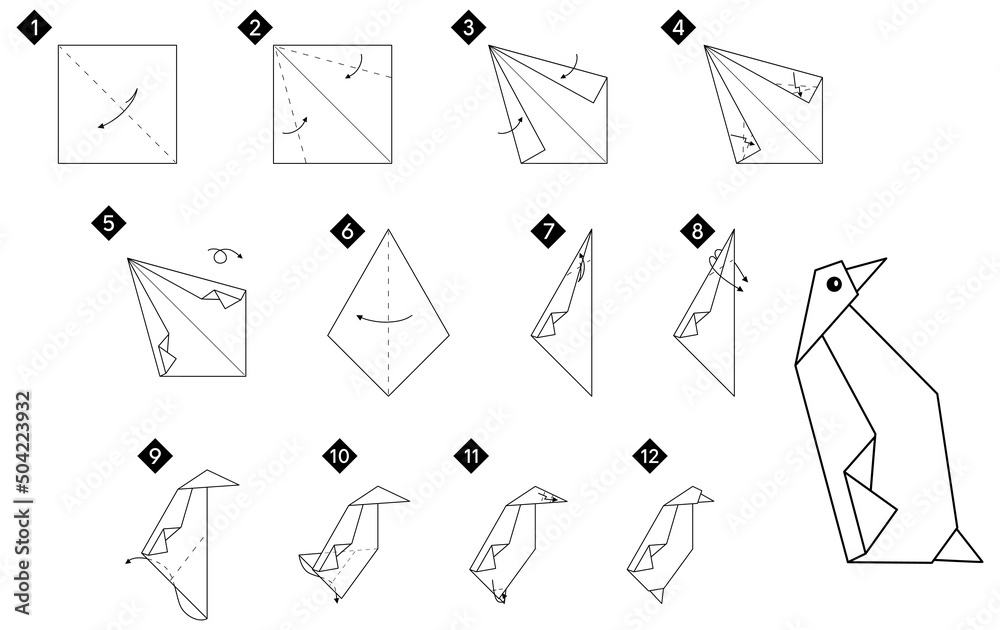 How to make origami penguin bird. Step by step instructions. Monochrome ...