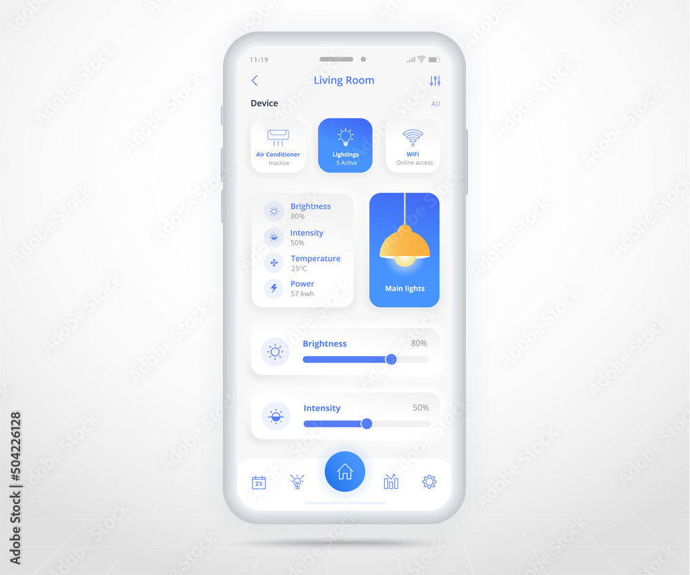 Smartphone smart home lighting controlled app UX UI, IOT Internet of things technology, Digital ...
