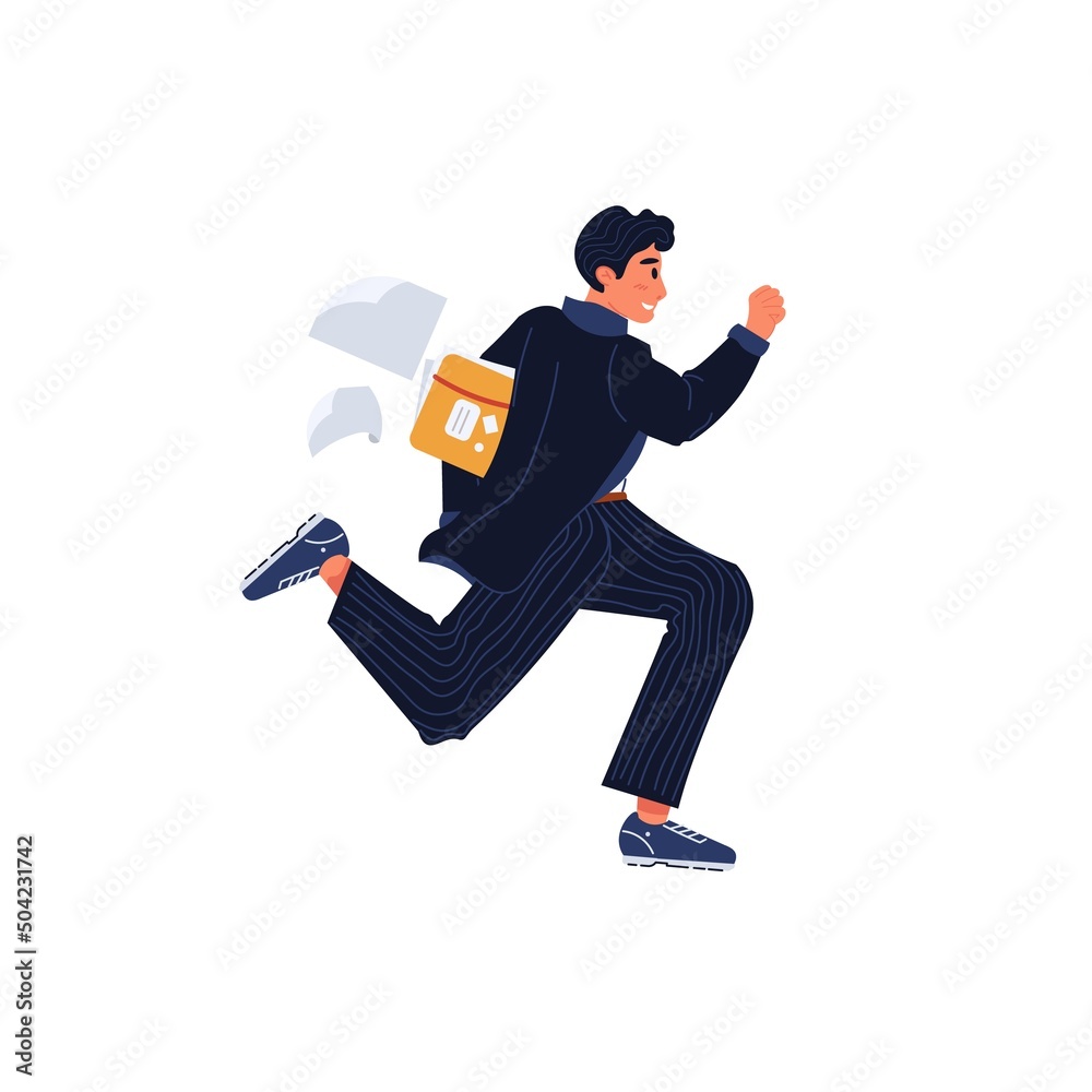 Vector cartoon flat office character running in hurry,businessman at work process isolated on ...