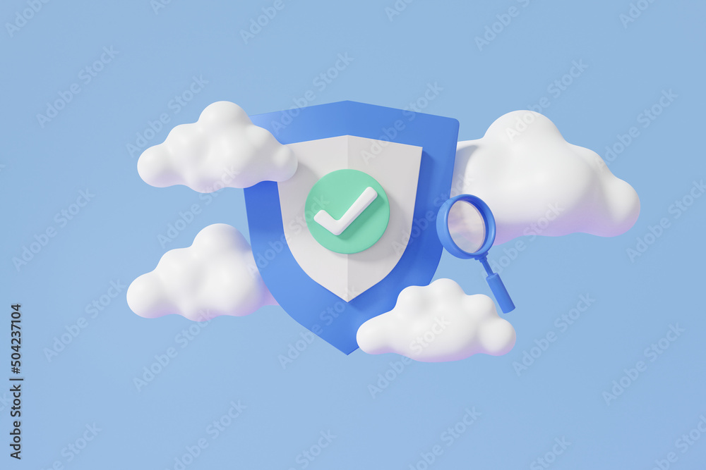 Protection shield with check mark and search security, internet clouds ...
