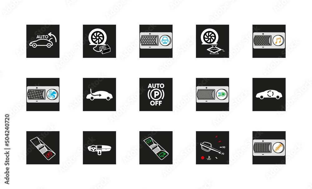 Set of 15 big icons related to car like button, indicator, tire ...