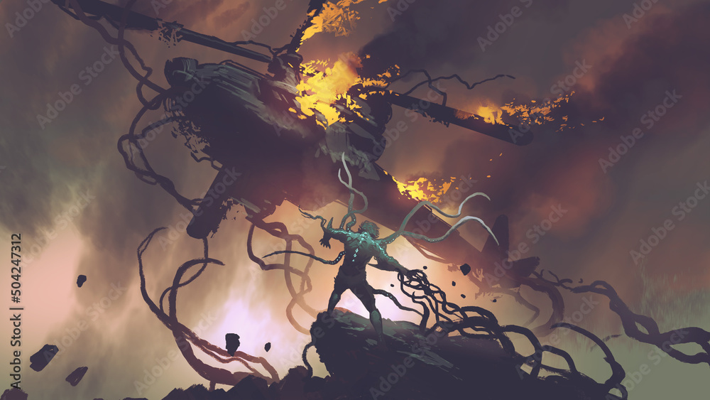 mutant using the strength of his strong body to destroy the helicopter ...