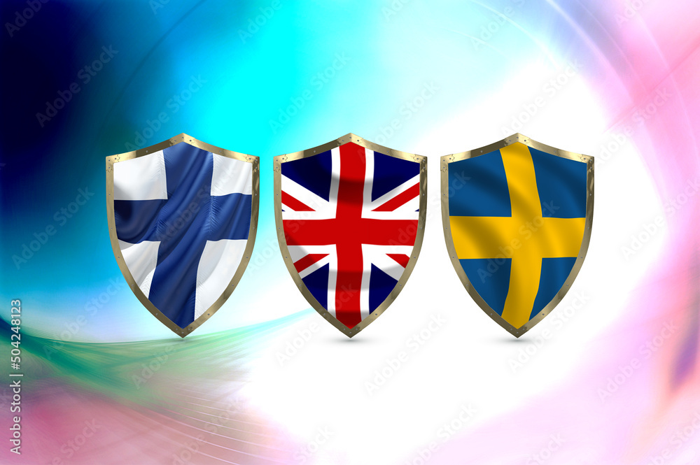 UK, Sweden, Finland unity shield concept poster 3D illustration, 3 ...