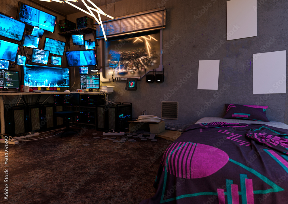 resting place for a hacker in the computer room background Stock ...