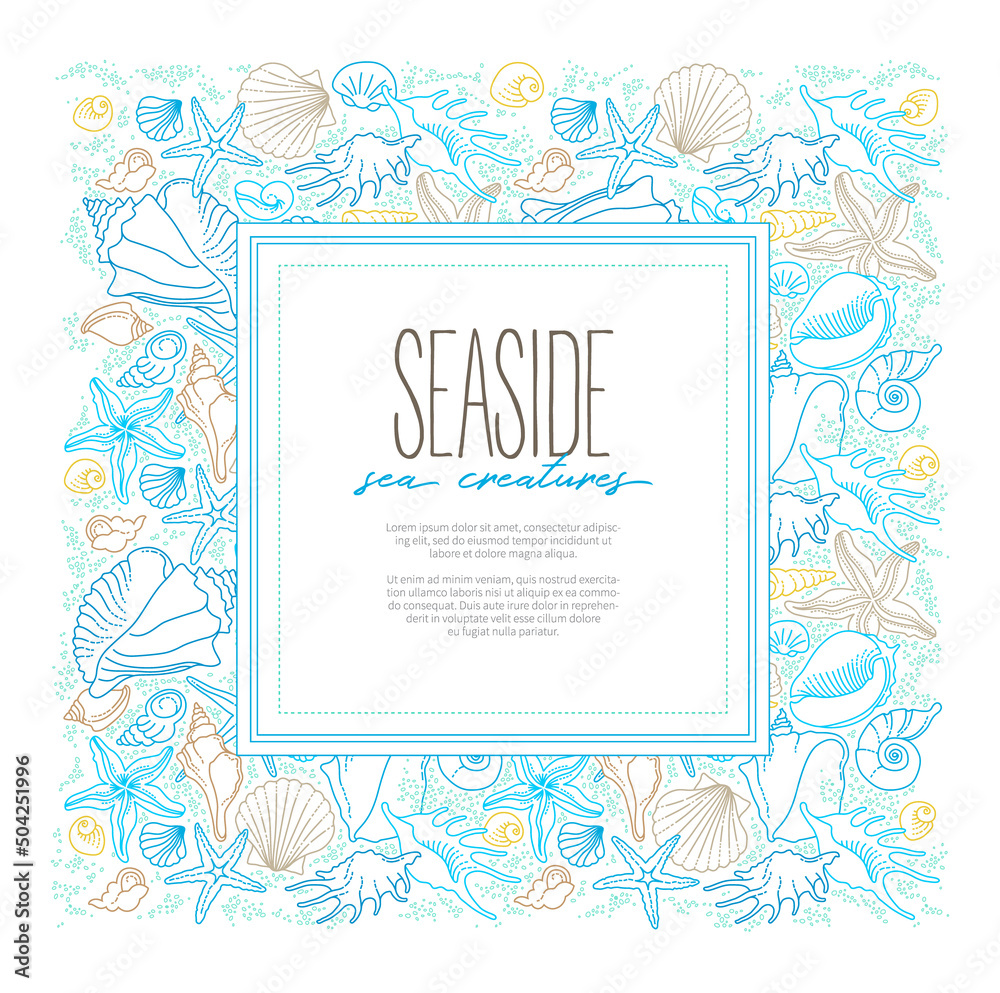 Vector square frame, border of line art tropical sea elements ...