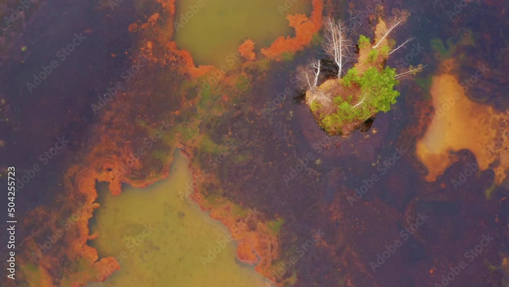 Beautiful toxic lake is located next to green trees. Industrial plant ...