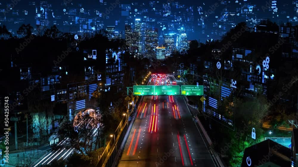 Time-lapse High View of I 110 Highway Full of Traffic. Holographic ...