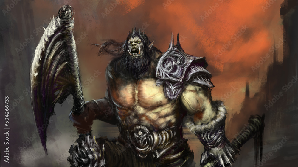 Muscular formidable orc warrior with an ax stands on a mountainous area ...