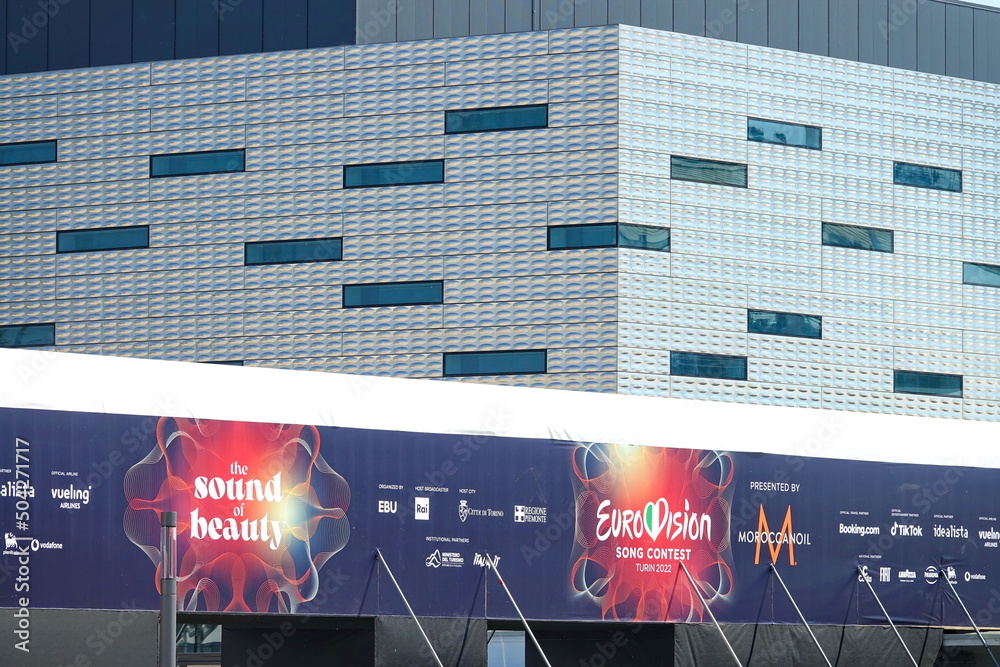 Eurovision Song Contest 2022 logo outside the Arena, venue of the ...