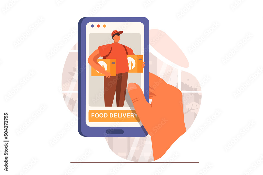 Food delivery web concept in flat design. Human hand holding mobile ...