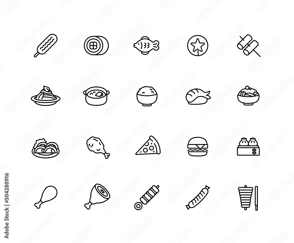 Collection of Food linear icons. Set of meat, meal, snack symbols drawn ...