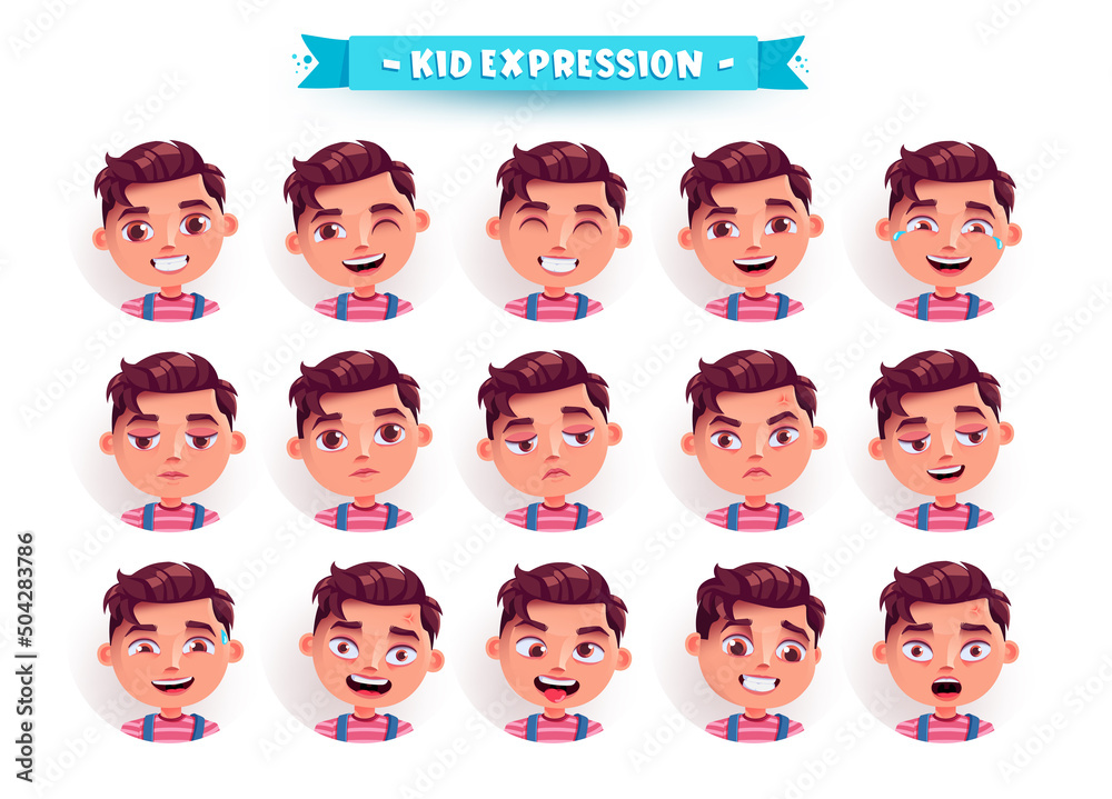 Boy kid faces vector set design. School kid expression set isolated in ...