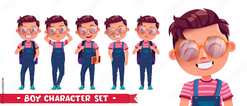 Student boy vector character set. Male students expression in happy ...